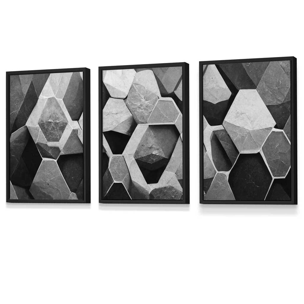 Geometric Abstract Black and Grey Set of 3 Framed Art – Artze Wall Art