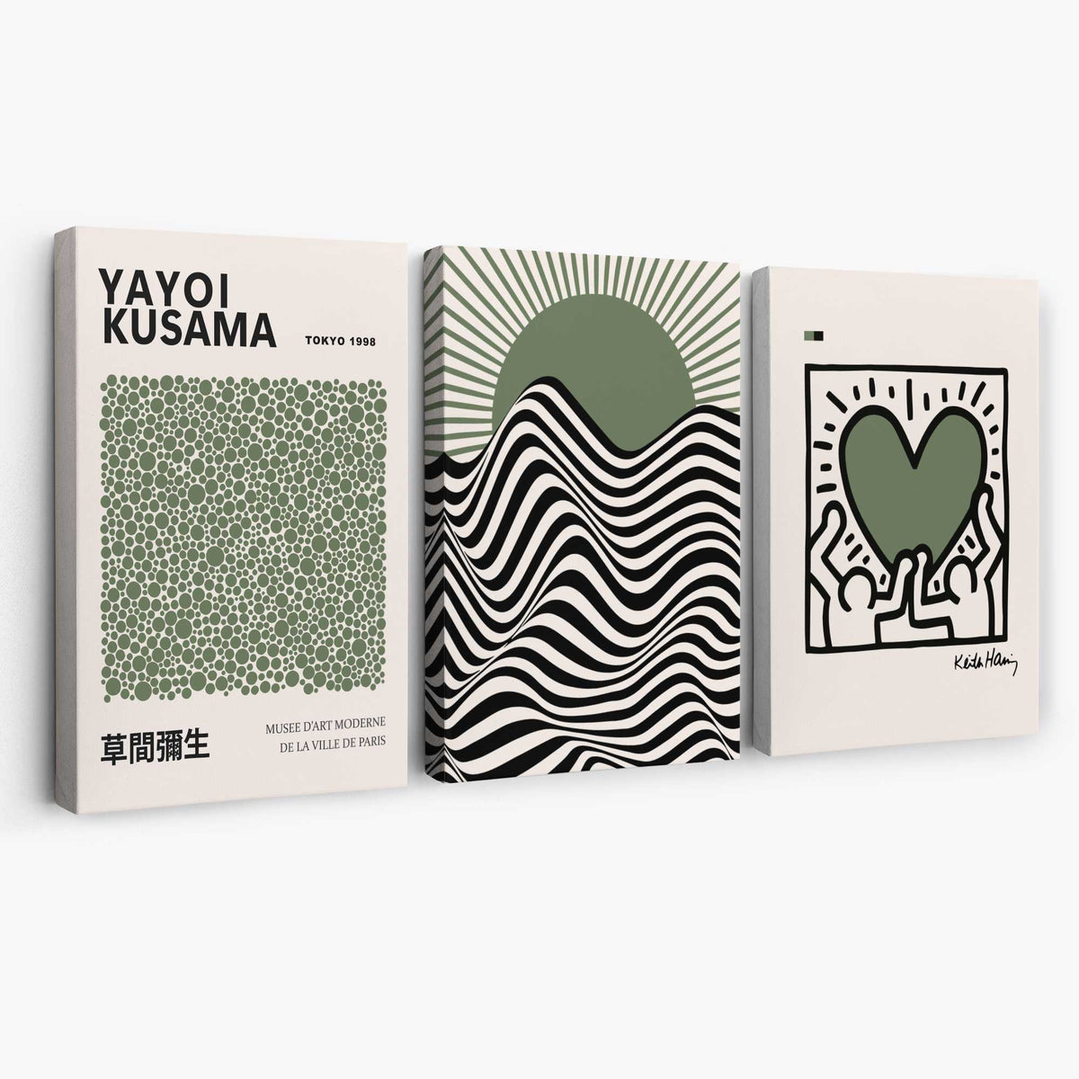 Set of 3 Yayoi Kusama,Keith Haring, Bauhaus Sage Green Canvas Art ...
