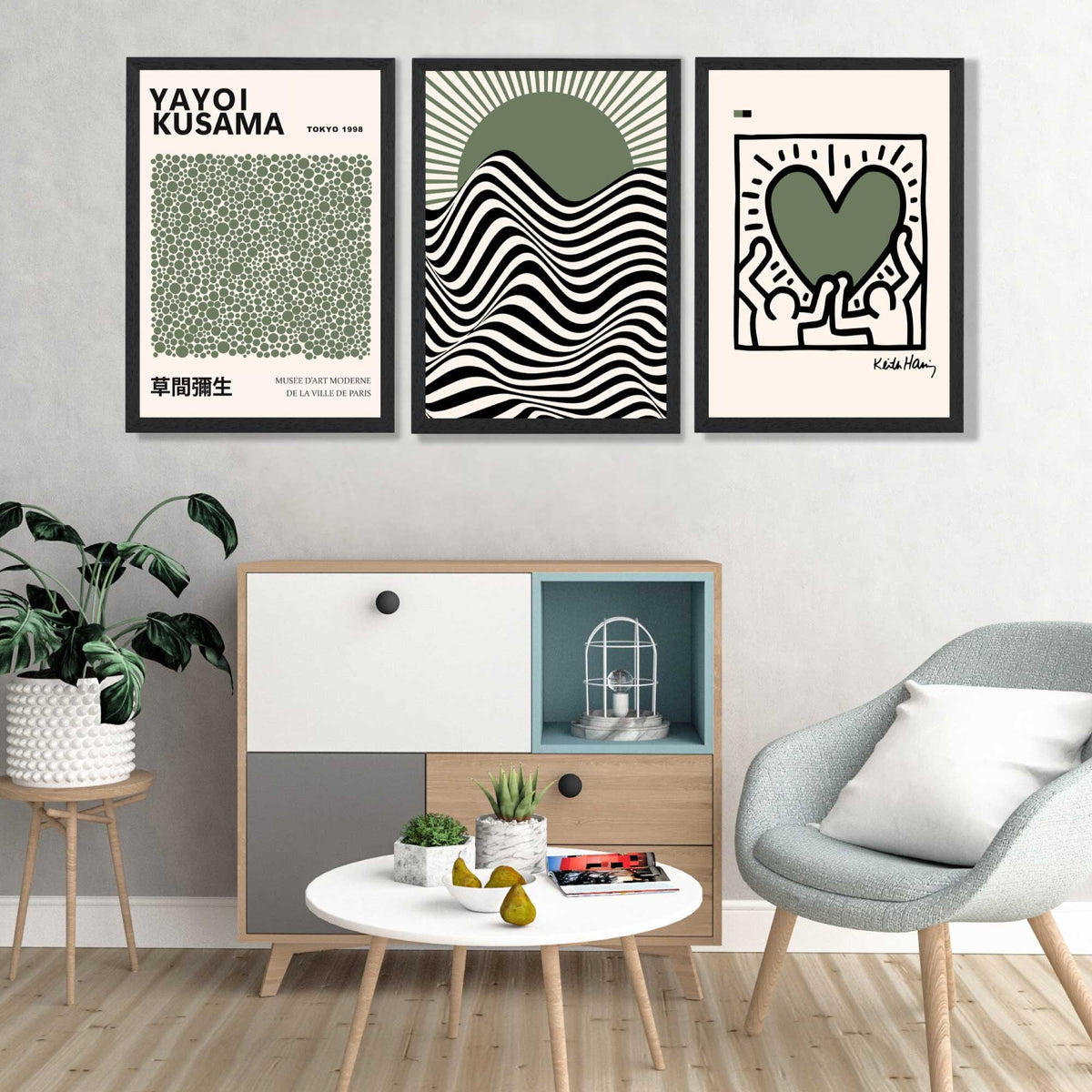 Set of 3 Yayoi Kusama,Keith Haring, Bauhaus Sage Green Art Prints ...