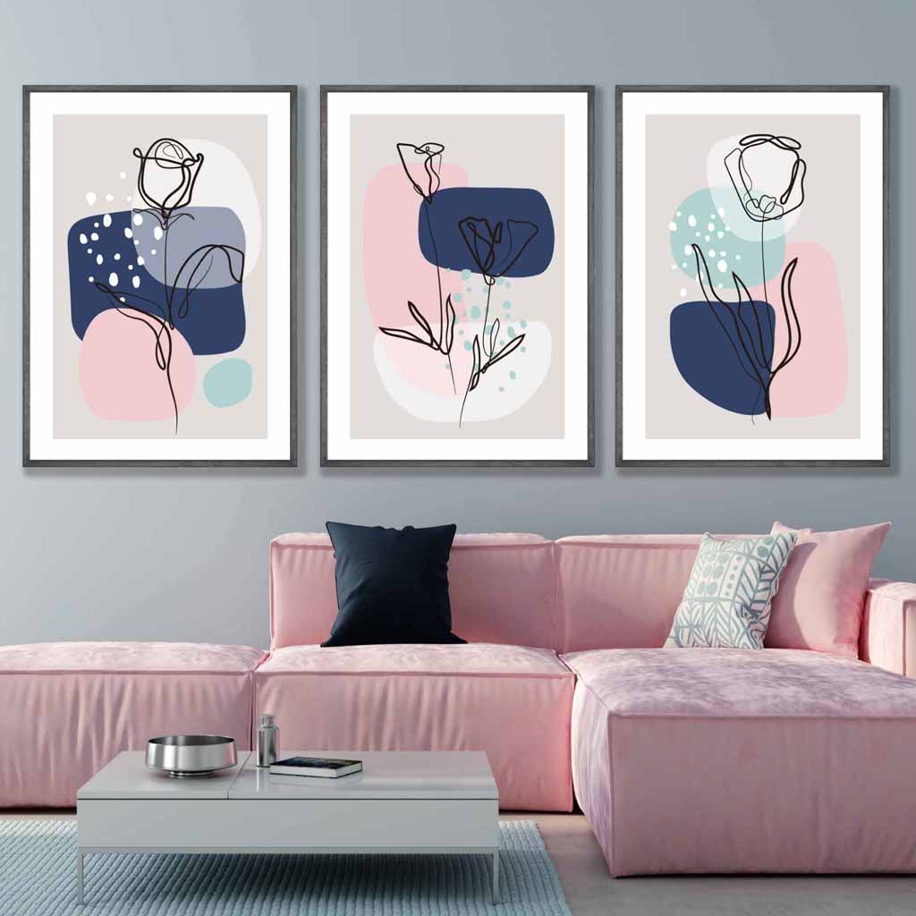 Set of 3 Spring Flowers Boho Wall Art Prints in Blue and Pink – Artze ...