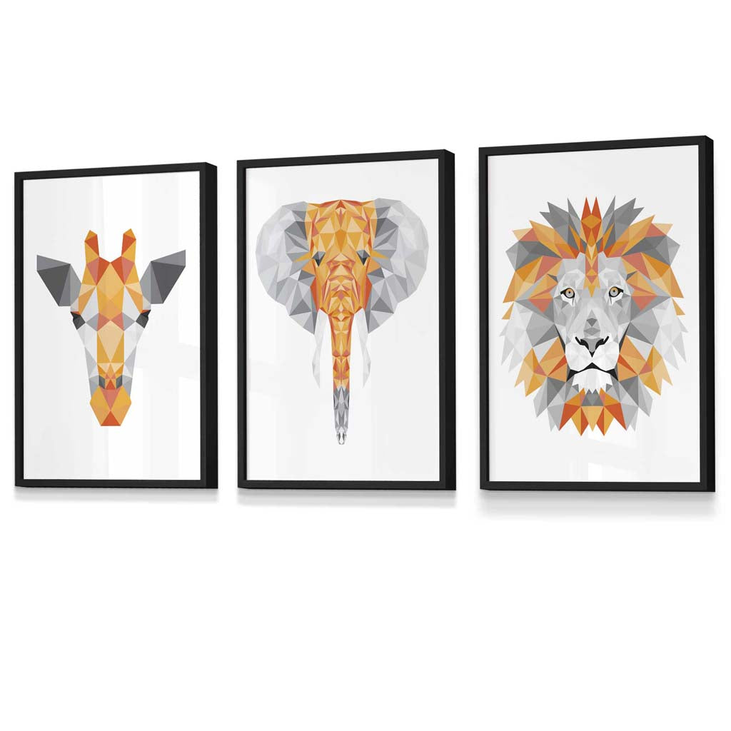 Framed Geometric set of 3 ORANGE Giraffe Lion Elephant | Artze UK ...