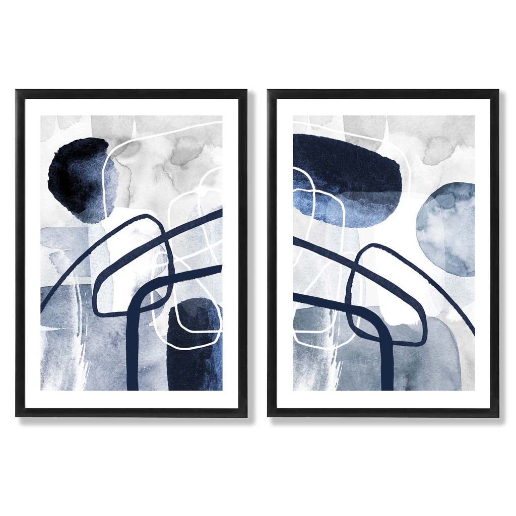Navy Blue Abstract Shapes Set of 2 Art Prints | Artze Wall Art UK