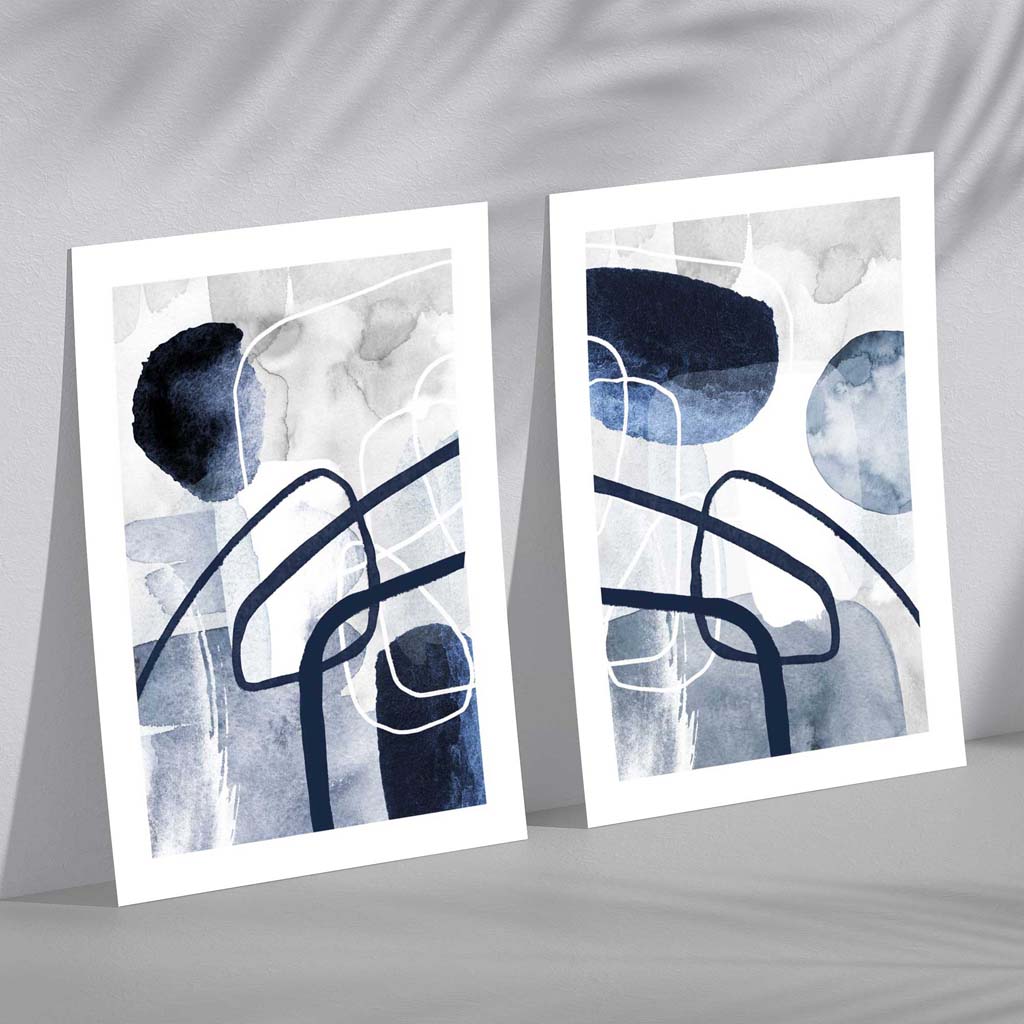 Navy Blue Abstract Shapes Set of 2 Art Posters | Artze Wall Art UK