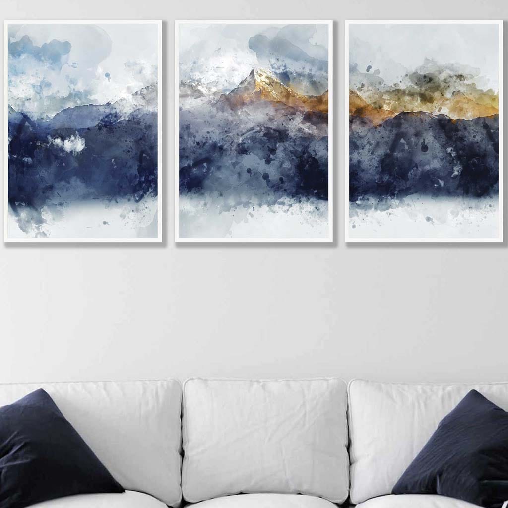 Framed Set of 3 Blue Yellow Mountain Art Prints | Artze UK – Artze Wall Art