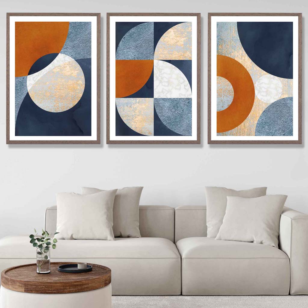 GEOMETRIC Set of 3 Blue Orange and Gold Framed Art Prints| Artze UK ...