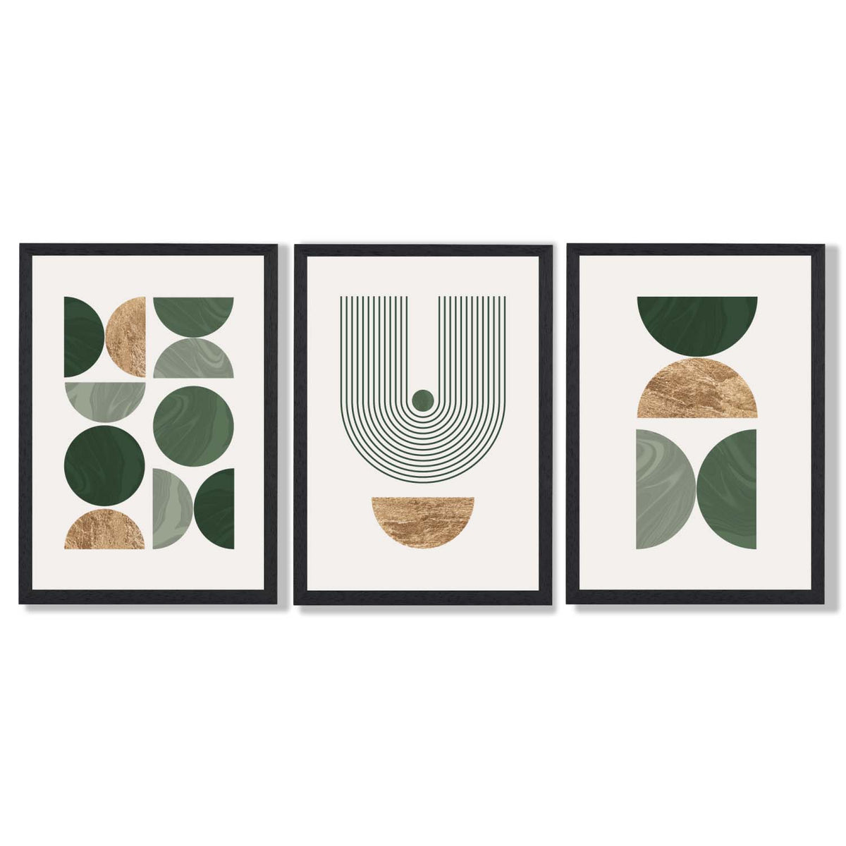 Set of 3 Mid Century Green and Gold Prints | Artze Wall Art UK