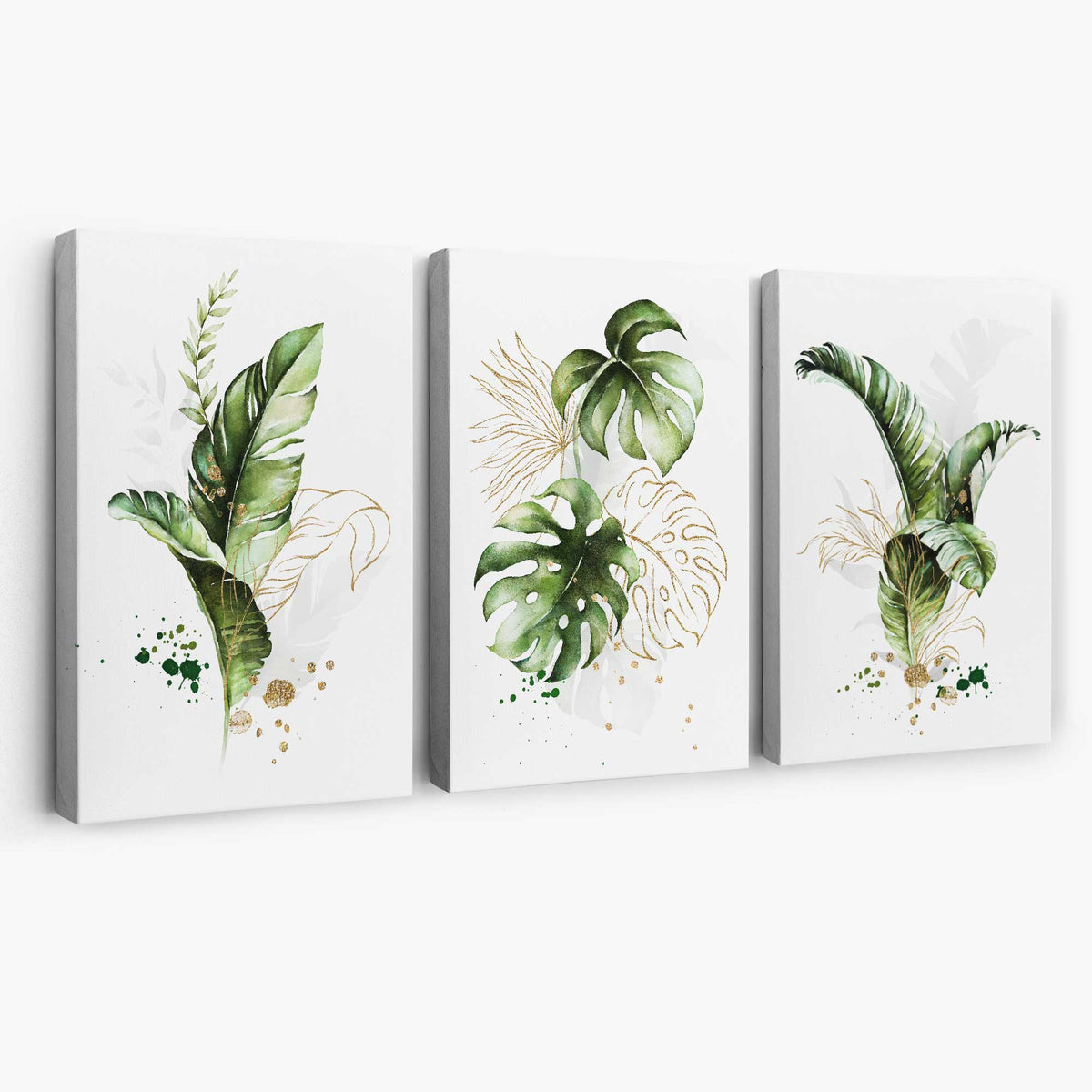 Minimal Green Gold Set of 3 Botanical Canvas Wall Art | Artze UK ...