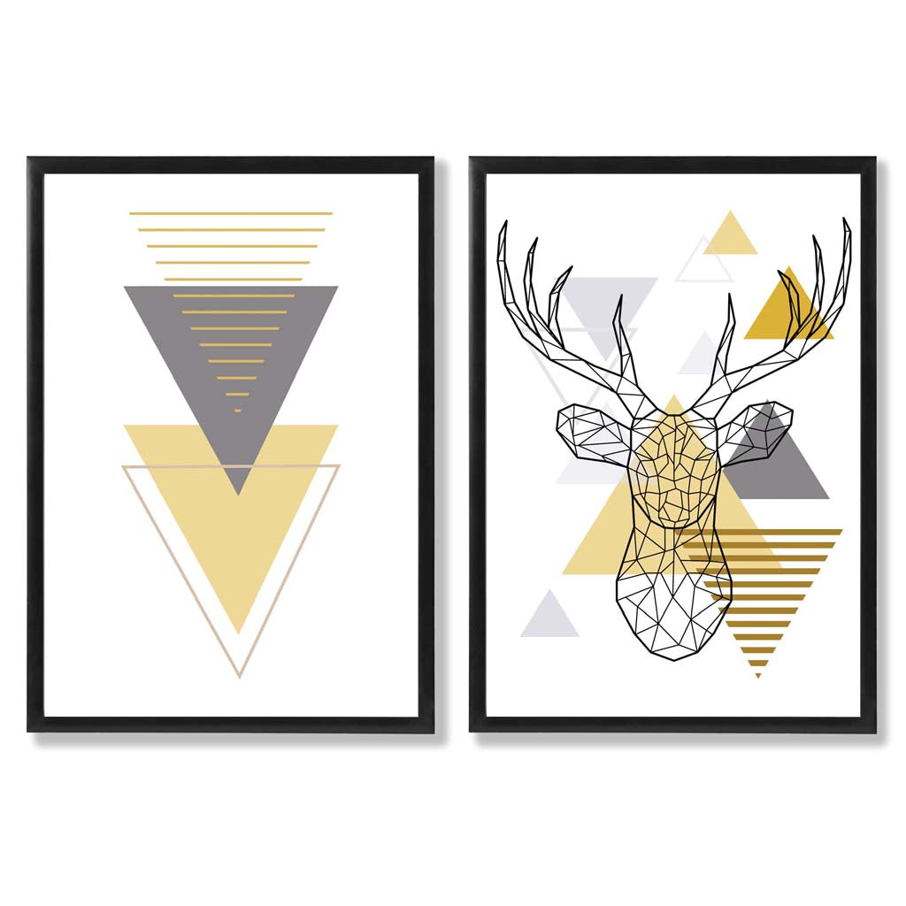 Geometric Yellow and Grey Stag Head Prints | Artze Wall Art UK