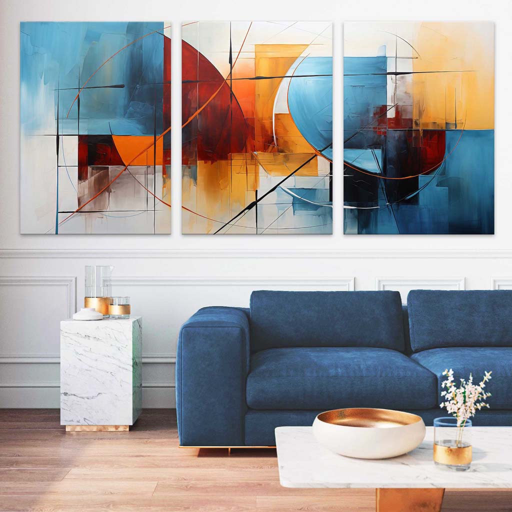 Set of 3 Abstract Colourful Blue and Red prints on Canvas | Artze UK ...