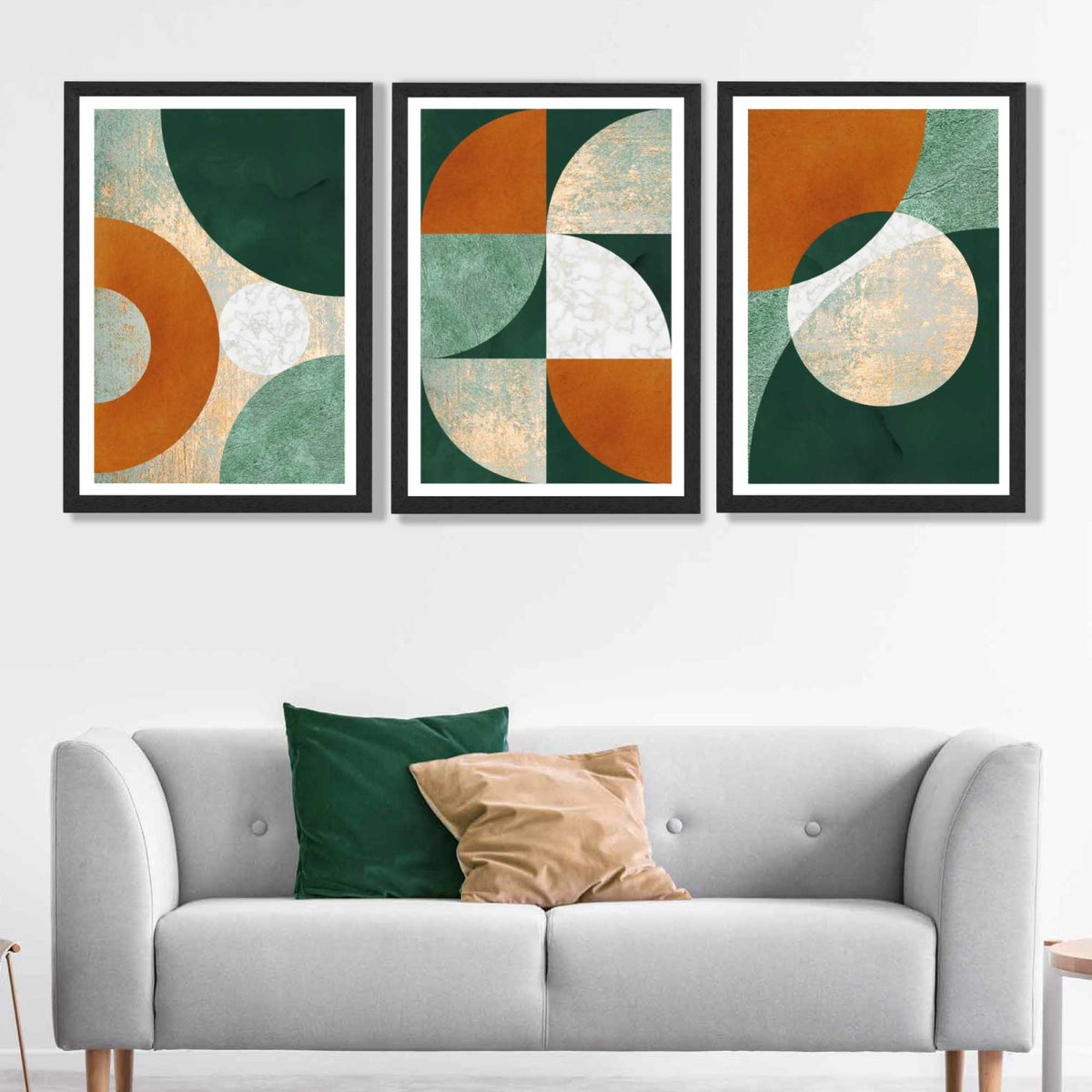 Geometric Set of 3 Green and Orange Art Prints | Artze Wall Art UK