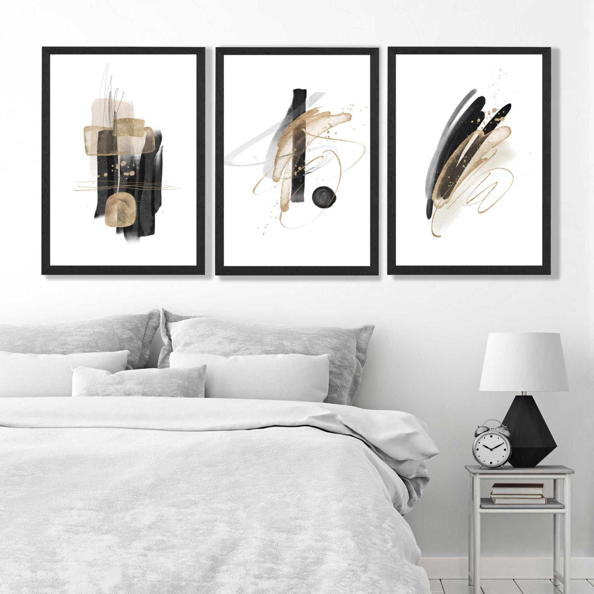 Set of 3 Abstract Black and Gold Fiesta Art Prints | Artze Wall Art UK