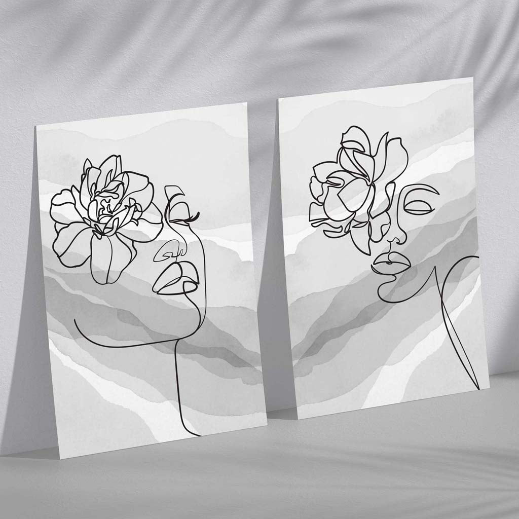 Grey Line Art Fashion Face and Flowers Posters | Artze Wall Art UK