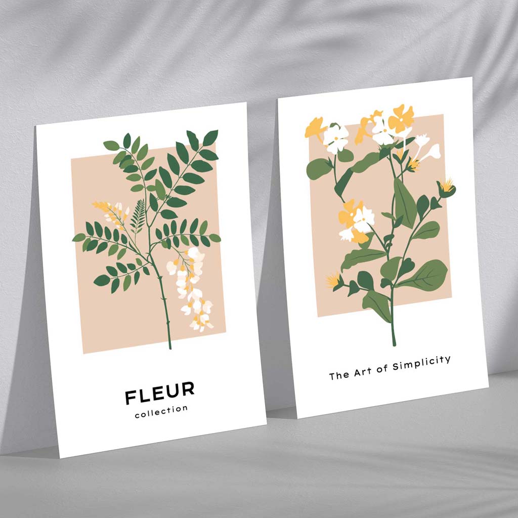 Beige Green Wild Flowers Set of 2 Art Posters | Artze Wall Art UK