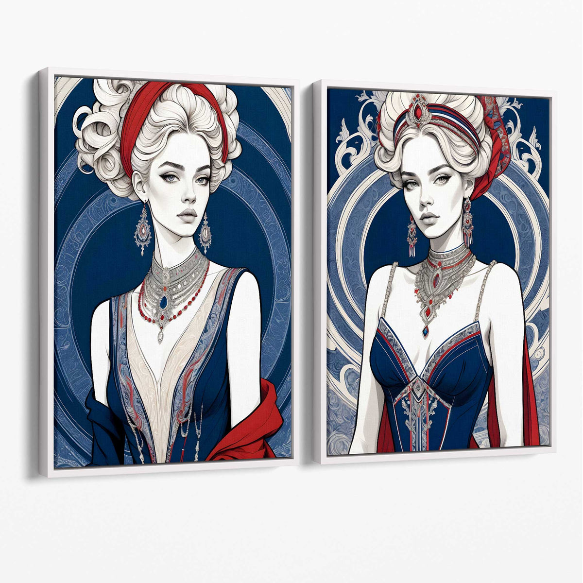 Set of 2 Blue and Red Fashion Illustrations on Canvas | Artze UK ...