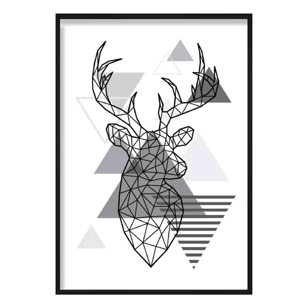 Stag Head Looking Right Geometric Mono Grey art print | Artze Wall Art