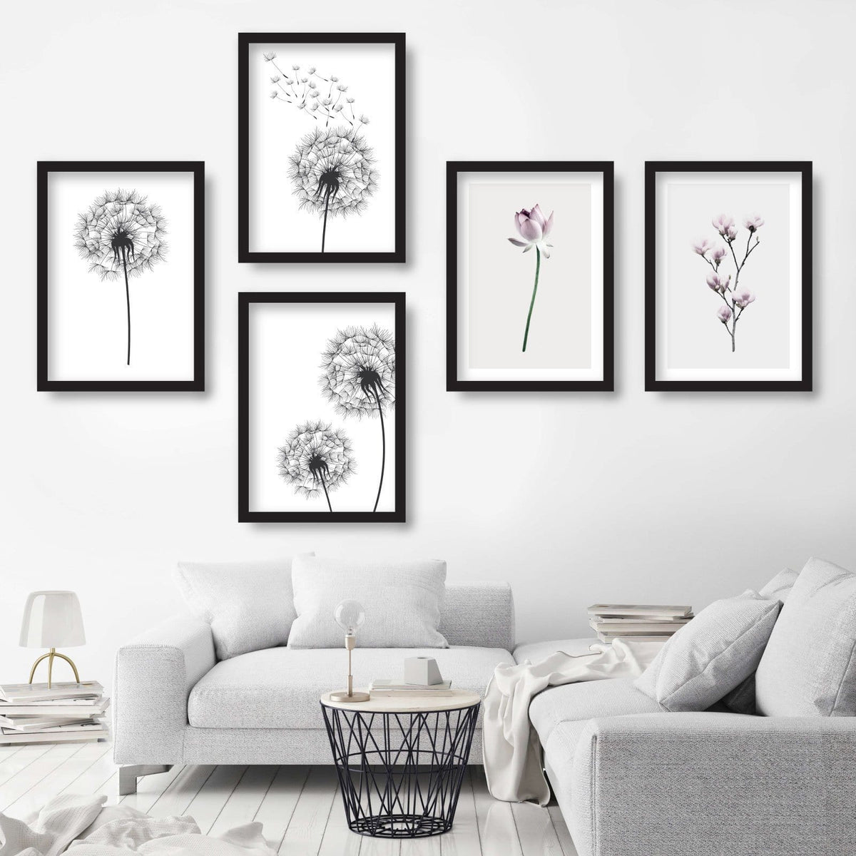 Set of 5 ORIGINAL Gallery wall ART Prints Graphical Sketch DANDELION t ...