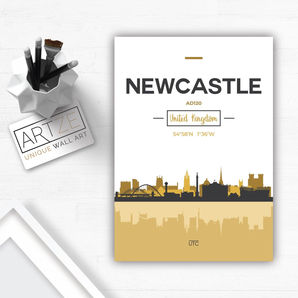 NEWCASTLE Skyline, Newcastle Cityscape England, Yellow and Grey Art Pr ...