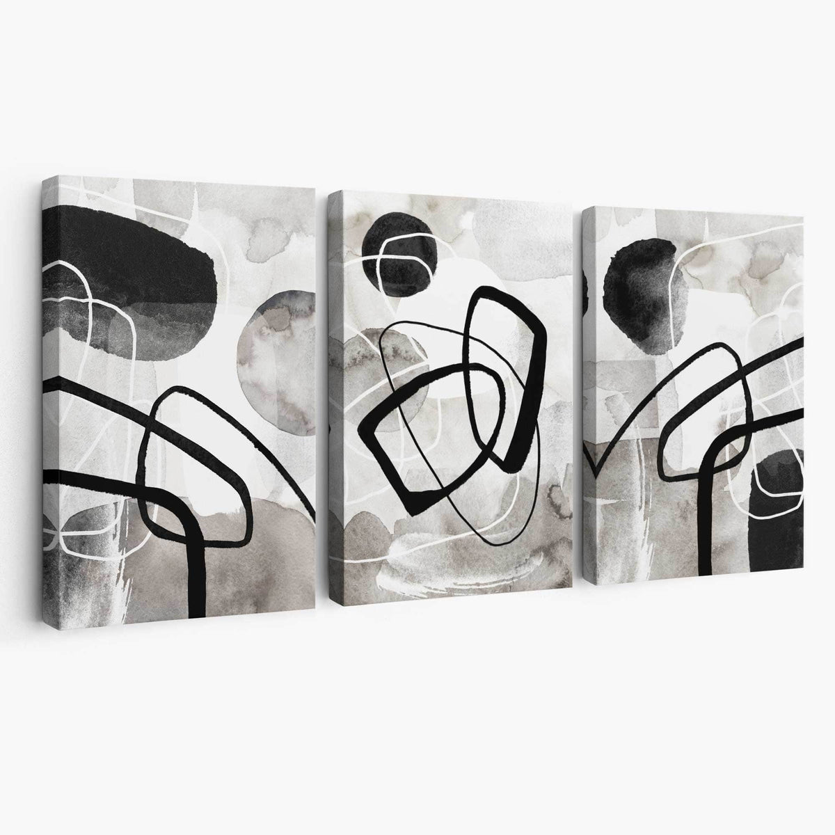 Set of 3 Abstract Black Grey Watercolour Canvas Print | Artze UK ...